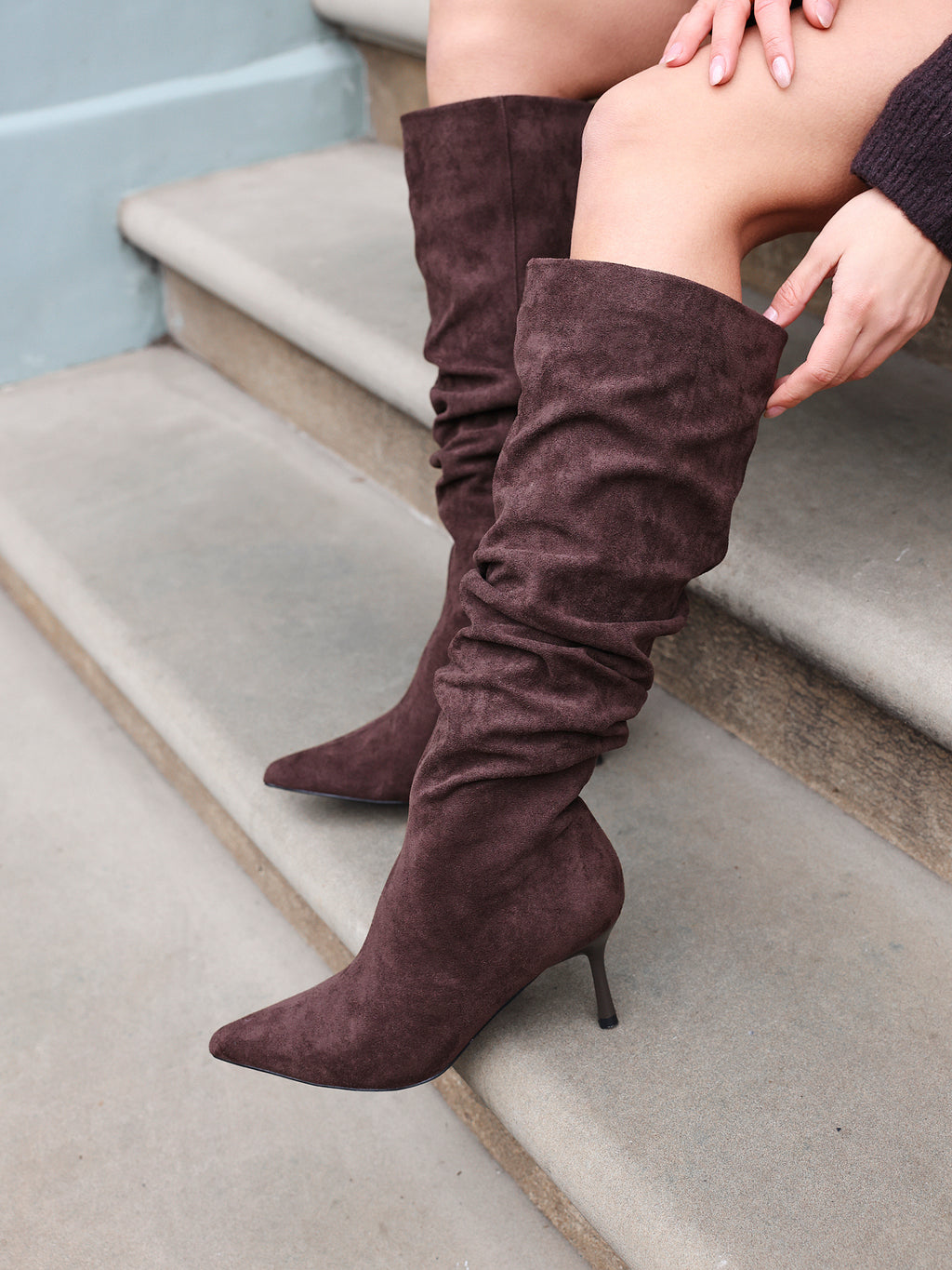 Brown Suede Ruched High Leg Heeled Boot With Pointed Toe – Linzi