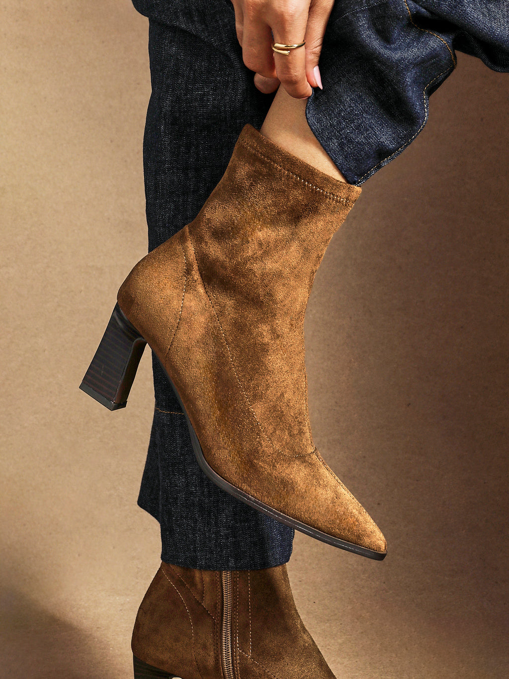 Tan Faux Suede Sock Ankle Boot With Stacked Heel – Linzi