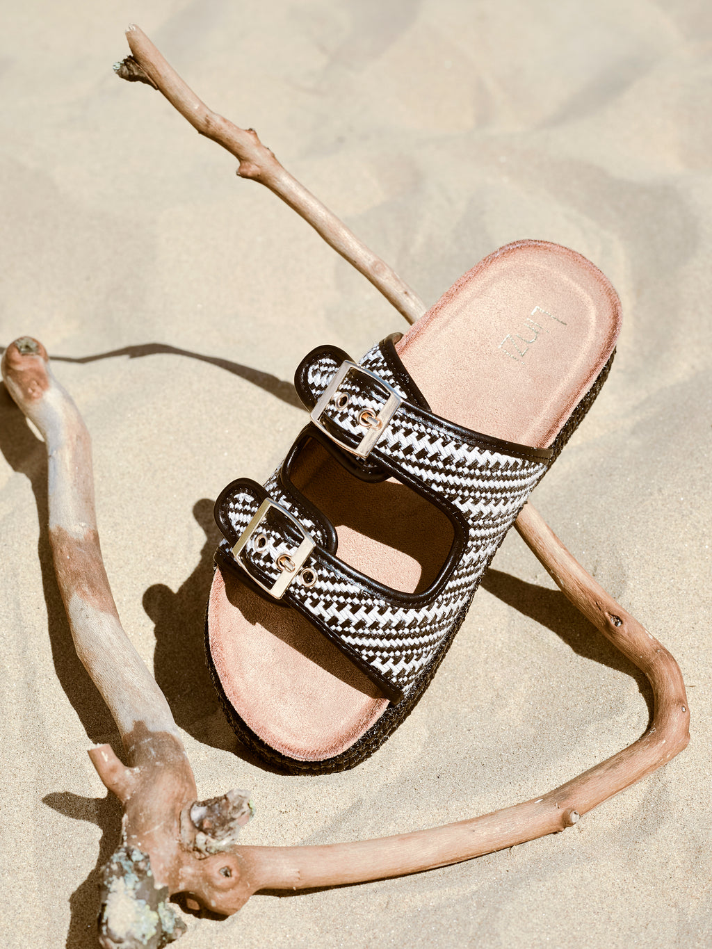 Black Aztec Woven Double Buckle Flatform Slider Sandal – Linzi