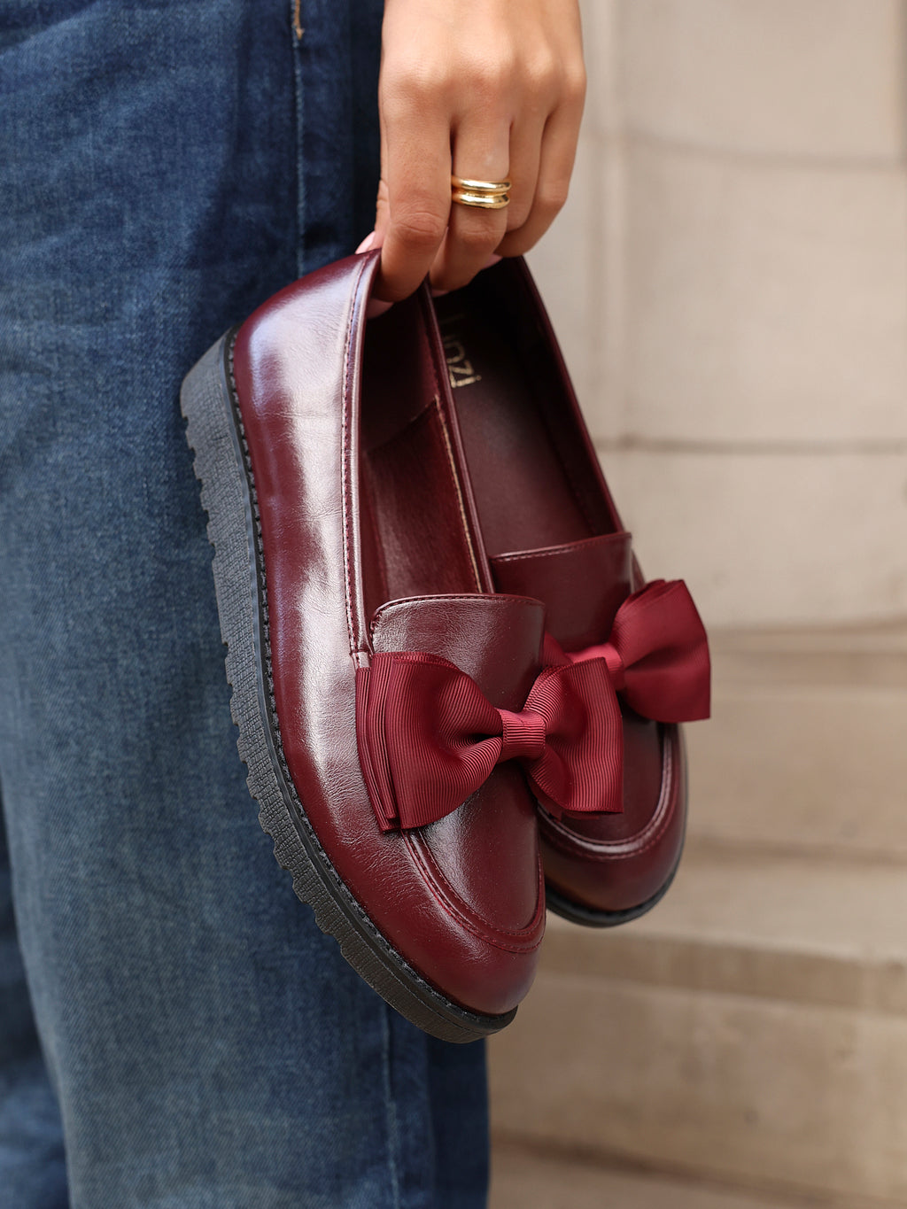Burgundy High Shine Classic Slip On Loafer With Fabric Bow Detail – Linzi
