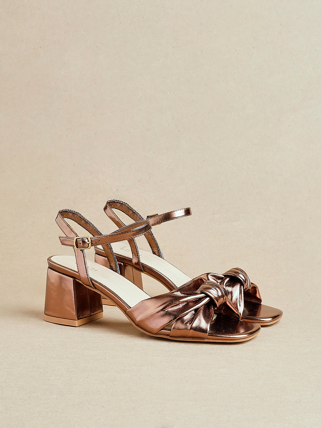 Bronze Faux Leather Block Heeled Sandal With Knotted Front Strap – Linzi
