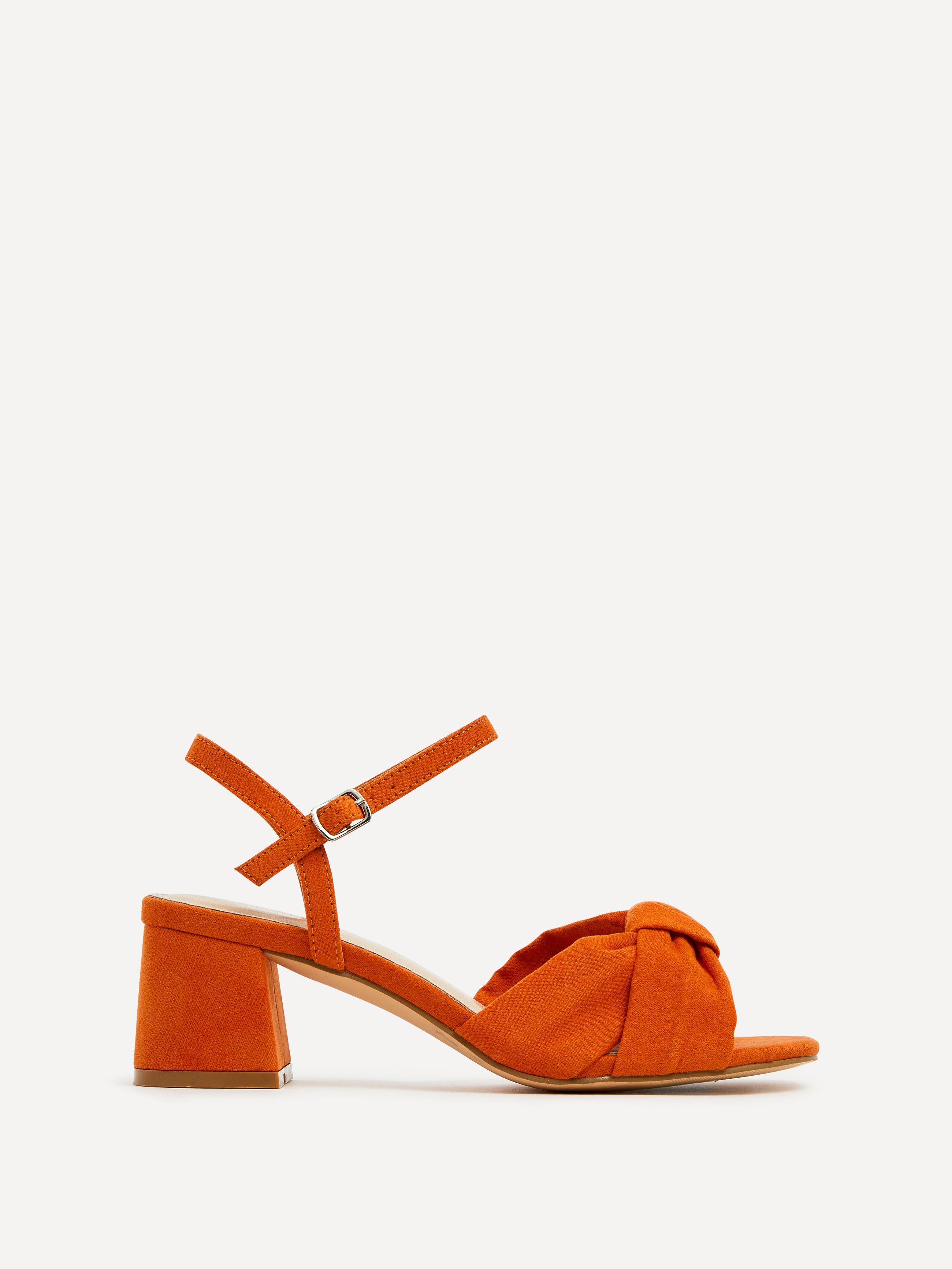 Orange Faux Suede Block Heeled Sandal With Knotted Front Strap – Linzi