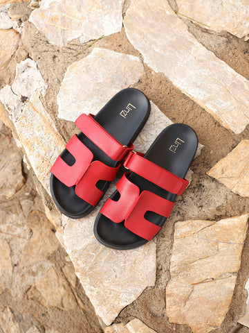 Red Faux Leather Footbed Linked Design Sandal – Linzi
