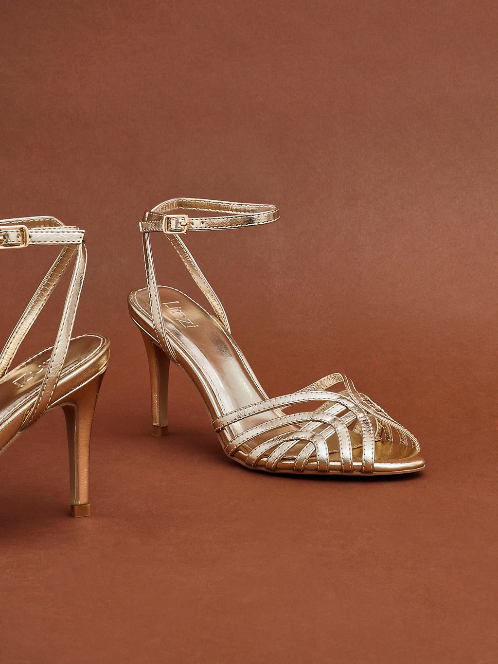 Gold Faux Leather Caged Stiletto Heel – Linzi