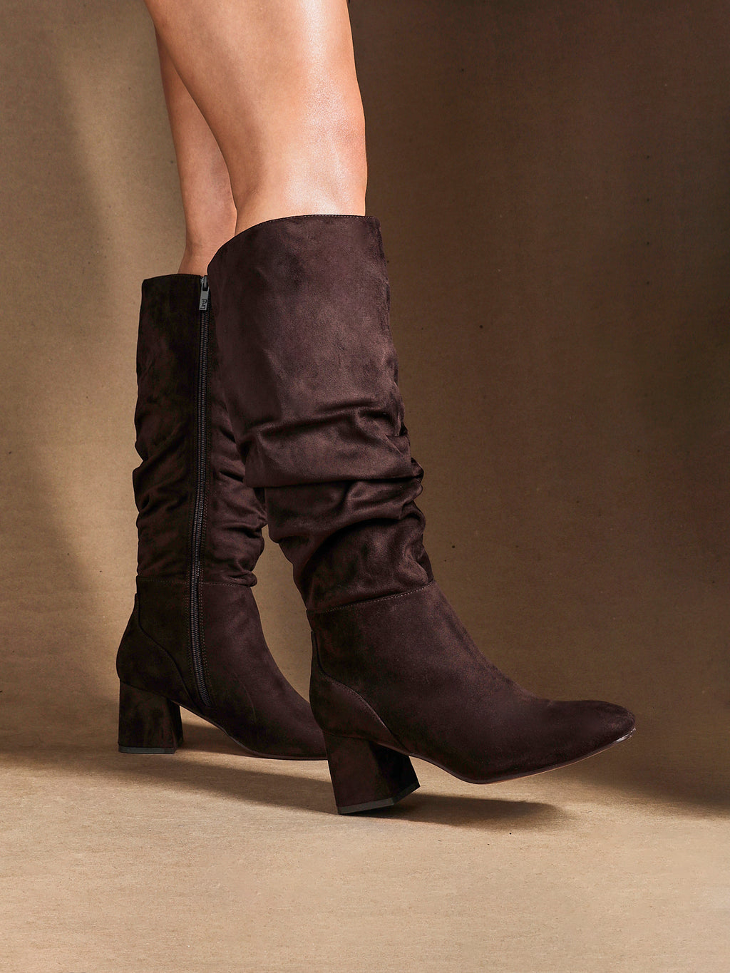 Wide Fit Brown Faux Suede Ruched Long Heeled Boot – Linzi