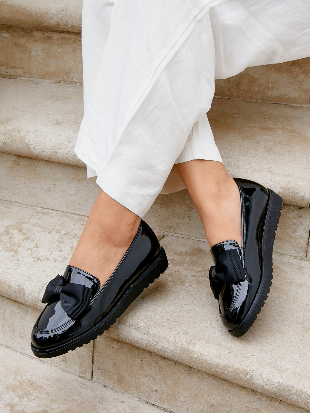 Wide Fit Black Patent Loafer With Fabric Bow Detail – Linzi