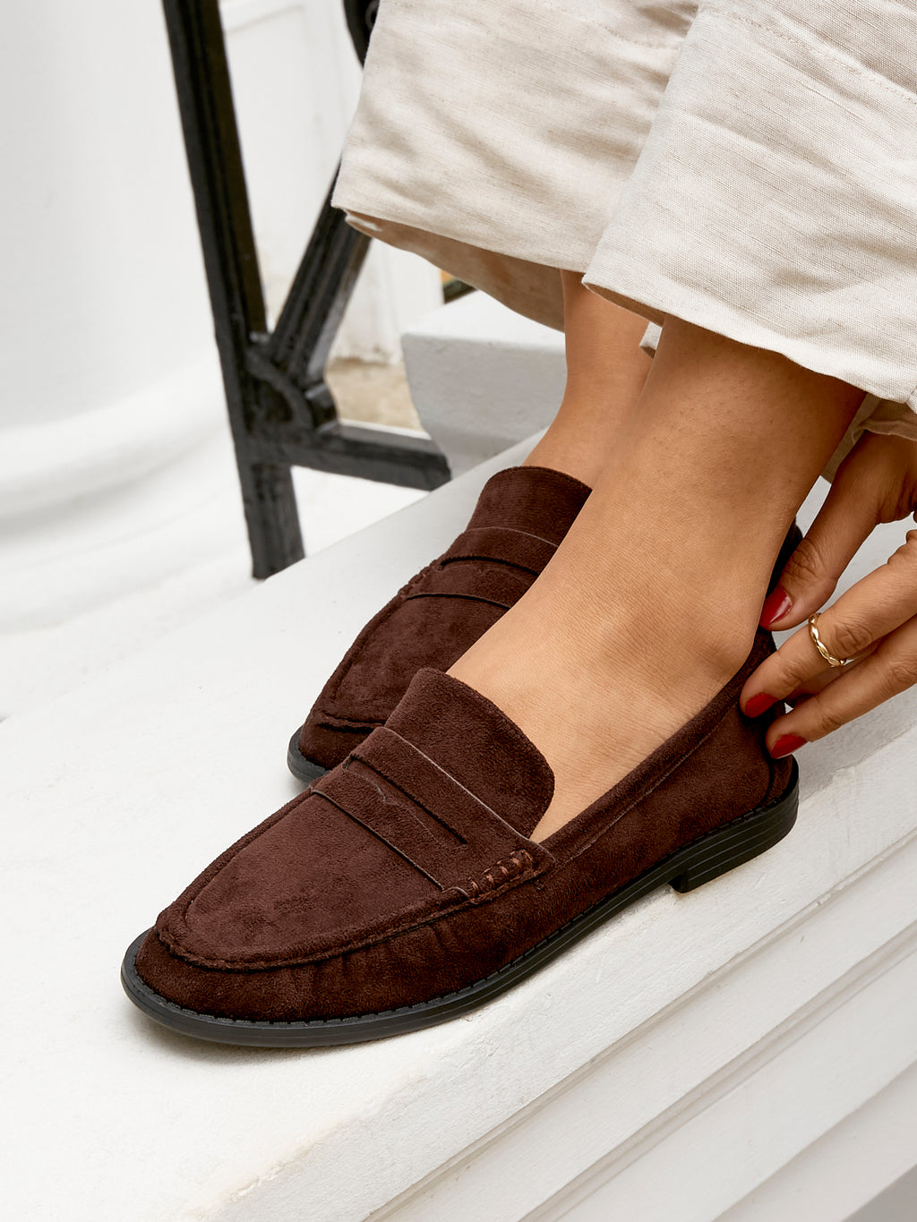 Brown Faux Suede Classic Loafer With Front Tab – Linzi