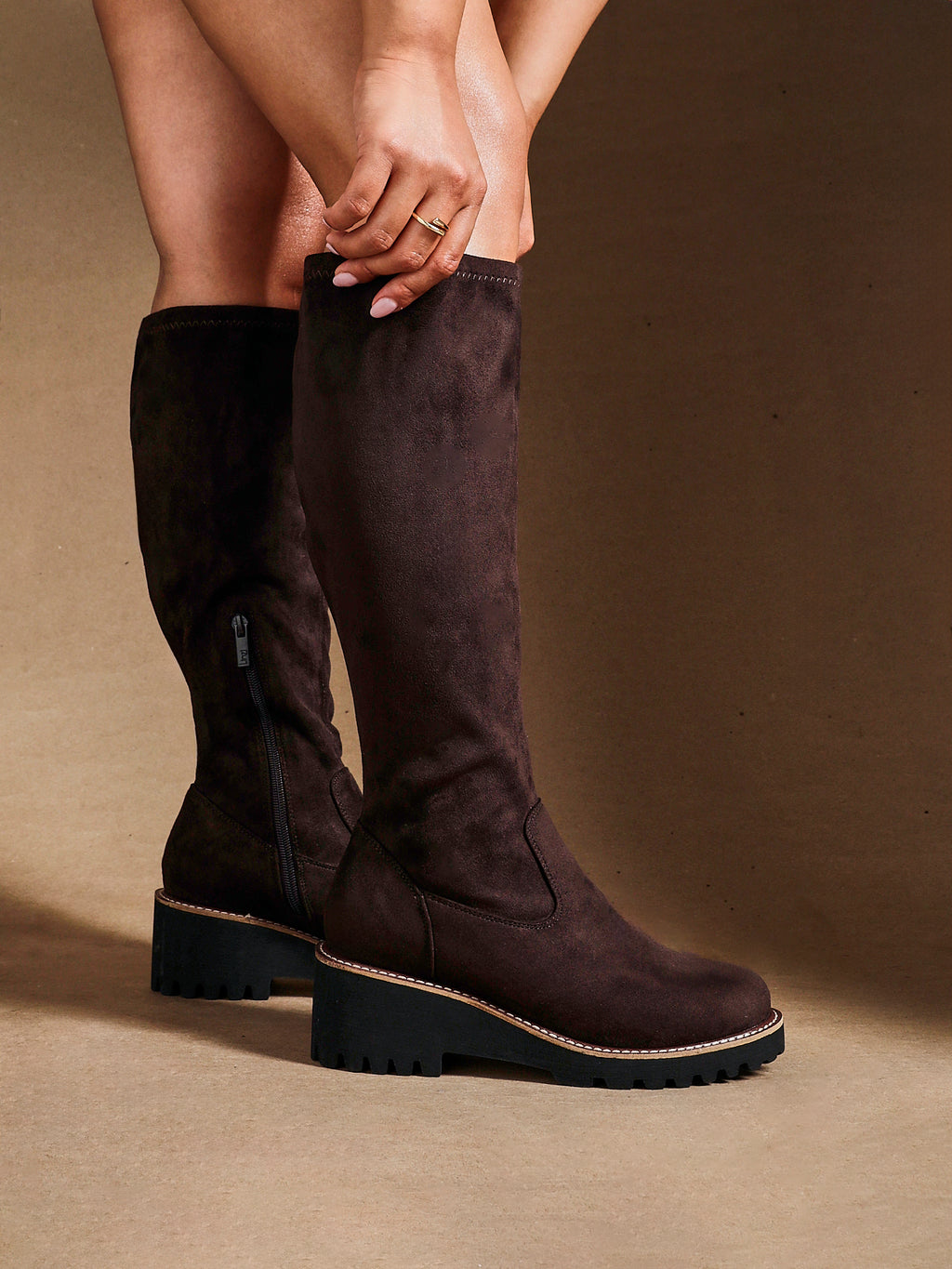 Wide Fit Brown Faux Suede Stretch High Leg Wedge Boot – Linzi