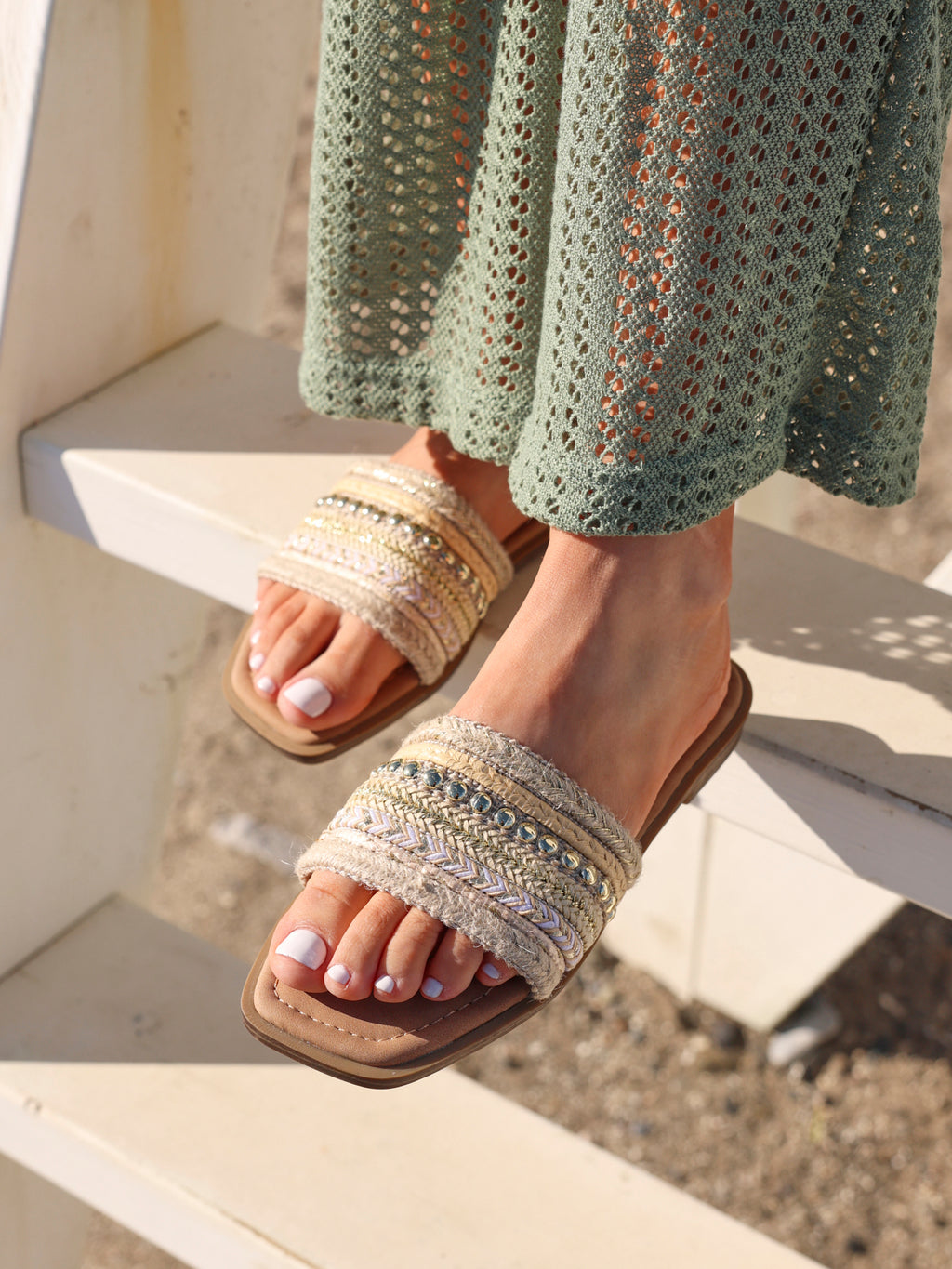 Natural Woven Embellished Flat Sandals – Linzi