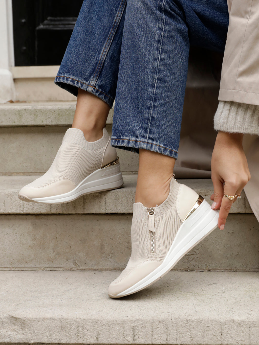 Nude Flyknit Wedged Trainer With Zip Detail – Linzi