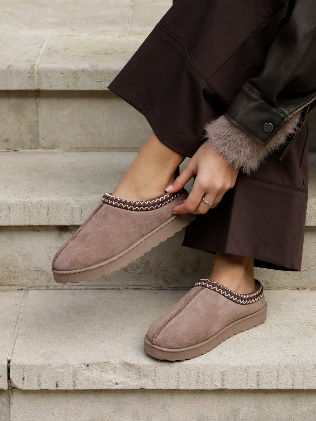 Mocha Suede Slipper With Aztec Detail – Linzi