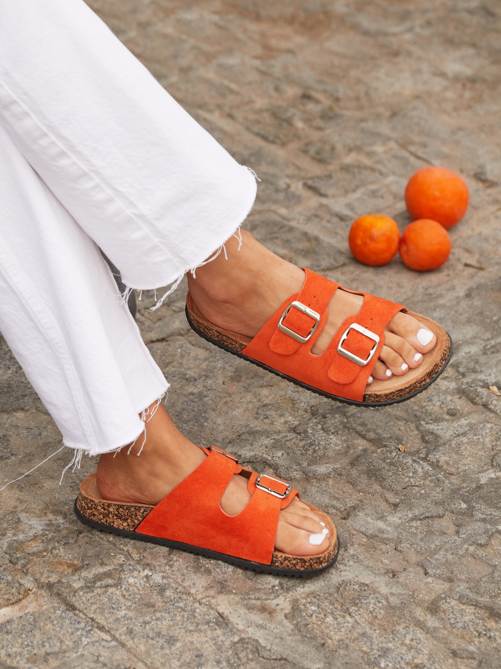 Orange Faux Suede Double Buckle Footbed Sandal – Linzi