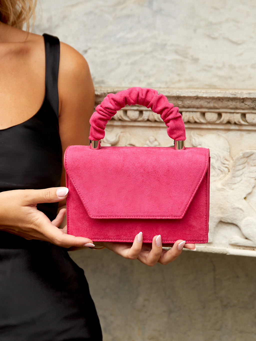 Pink Faux Suede Ruched Handle Satchel Bag – Linzi