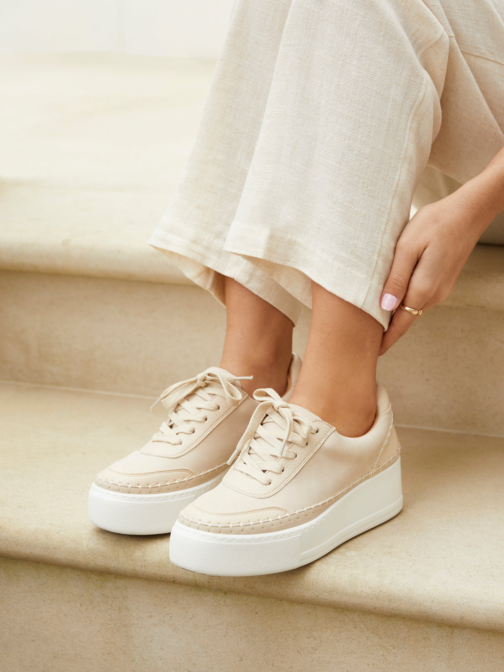 Nude Faux Suede & Leather Mix Platform Trainer With Woven Detail – Linzi