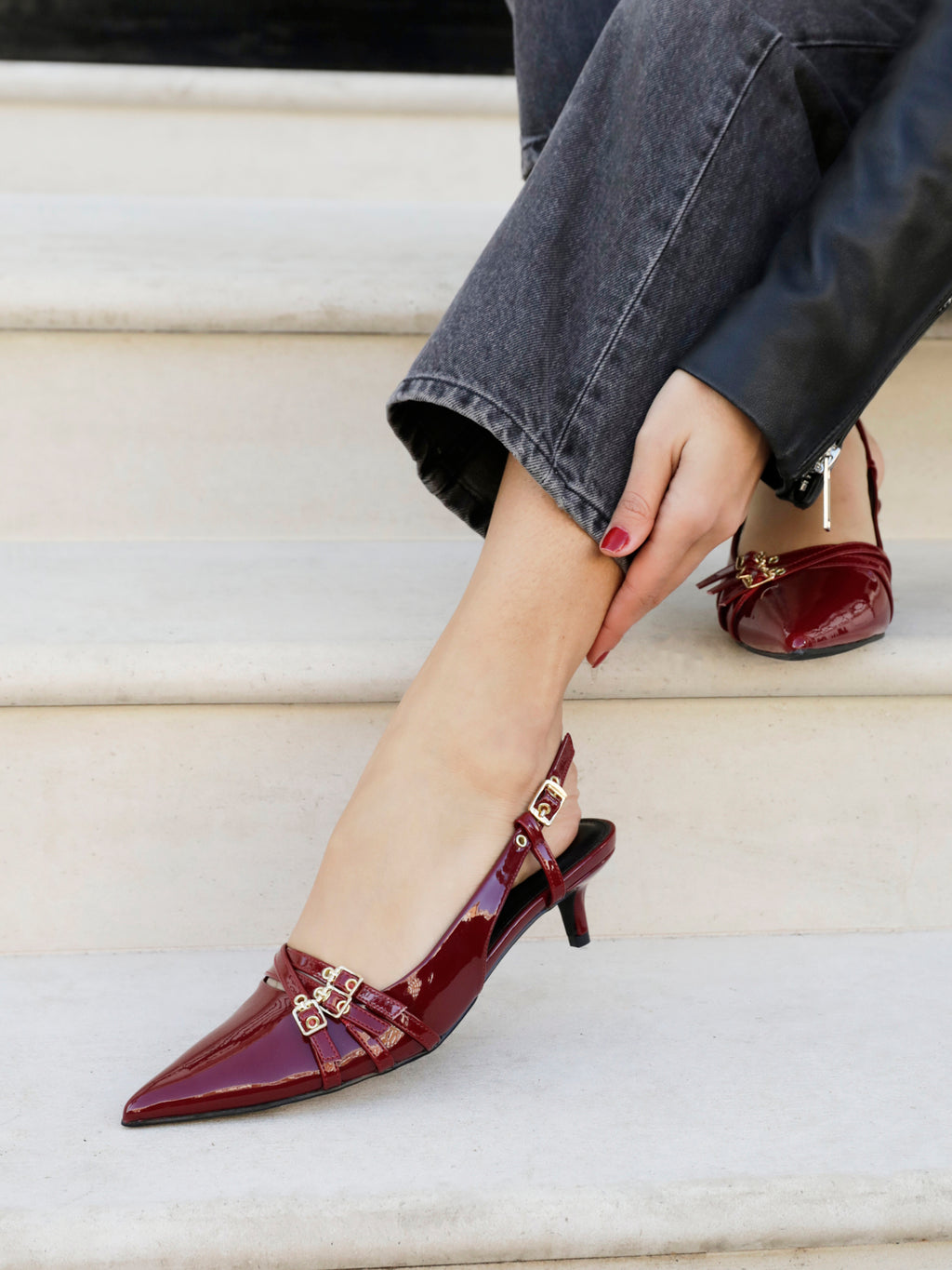 Burgundy Patent Kitten Court Heels With Buckle Detail – Linzi