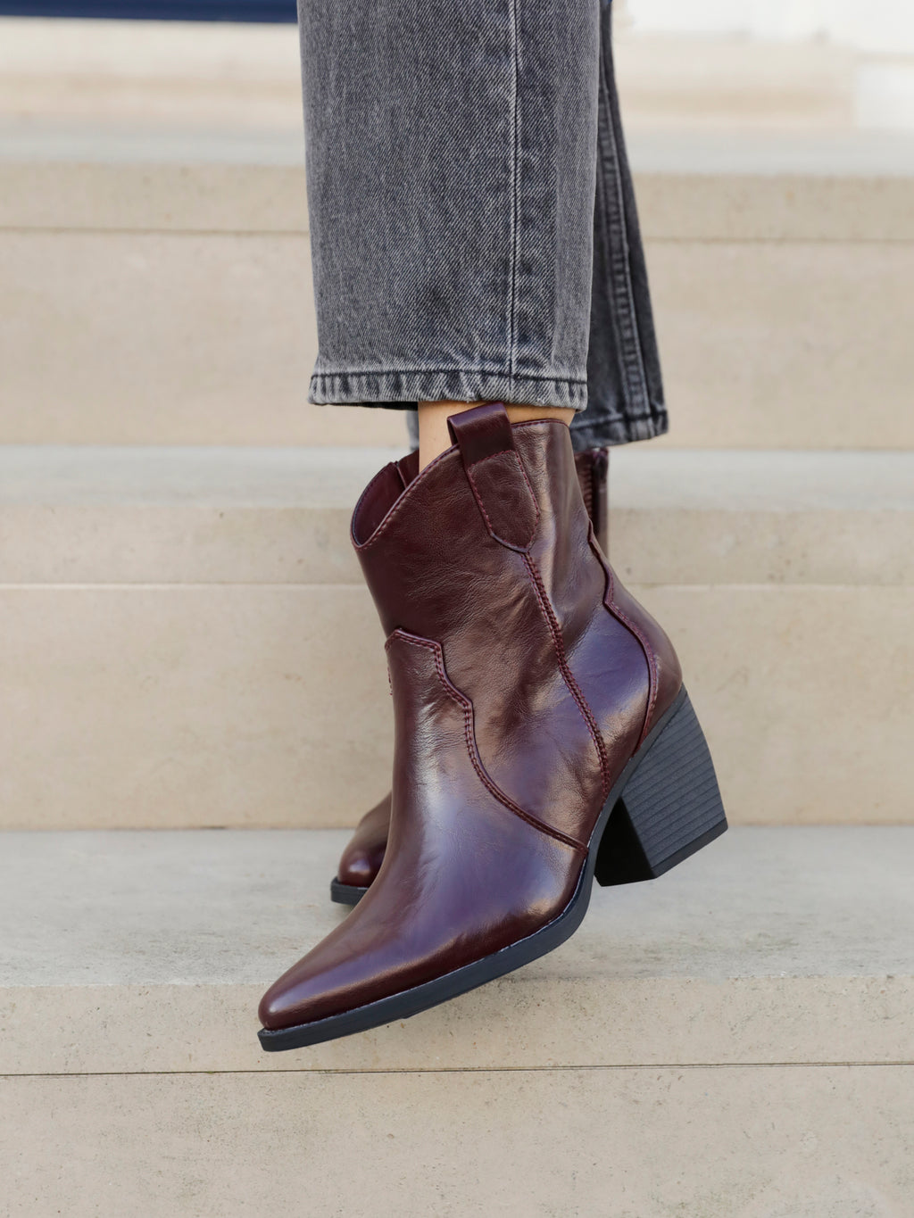 Burgundy Faux Leather Western Ankle Boot – Linzi