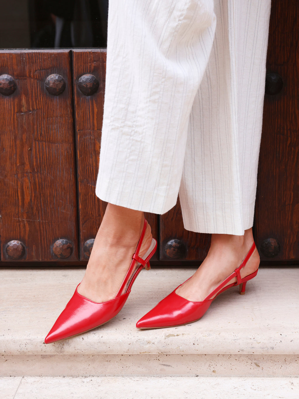 Red Faux Leather Slingback Kitten Court Heels – Linzi