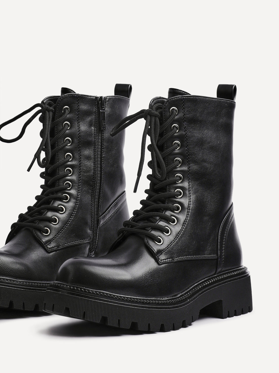 Black Faux Leather Lace Up Military Boot With Eyelet Detailing – Linzi