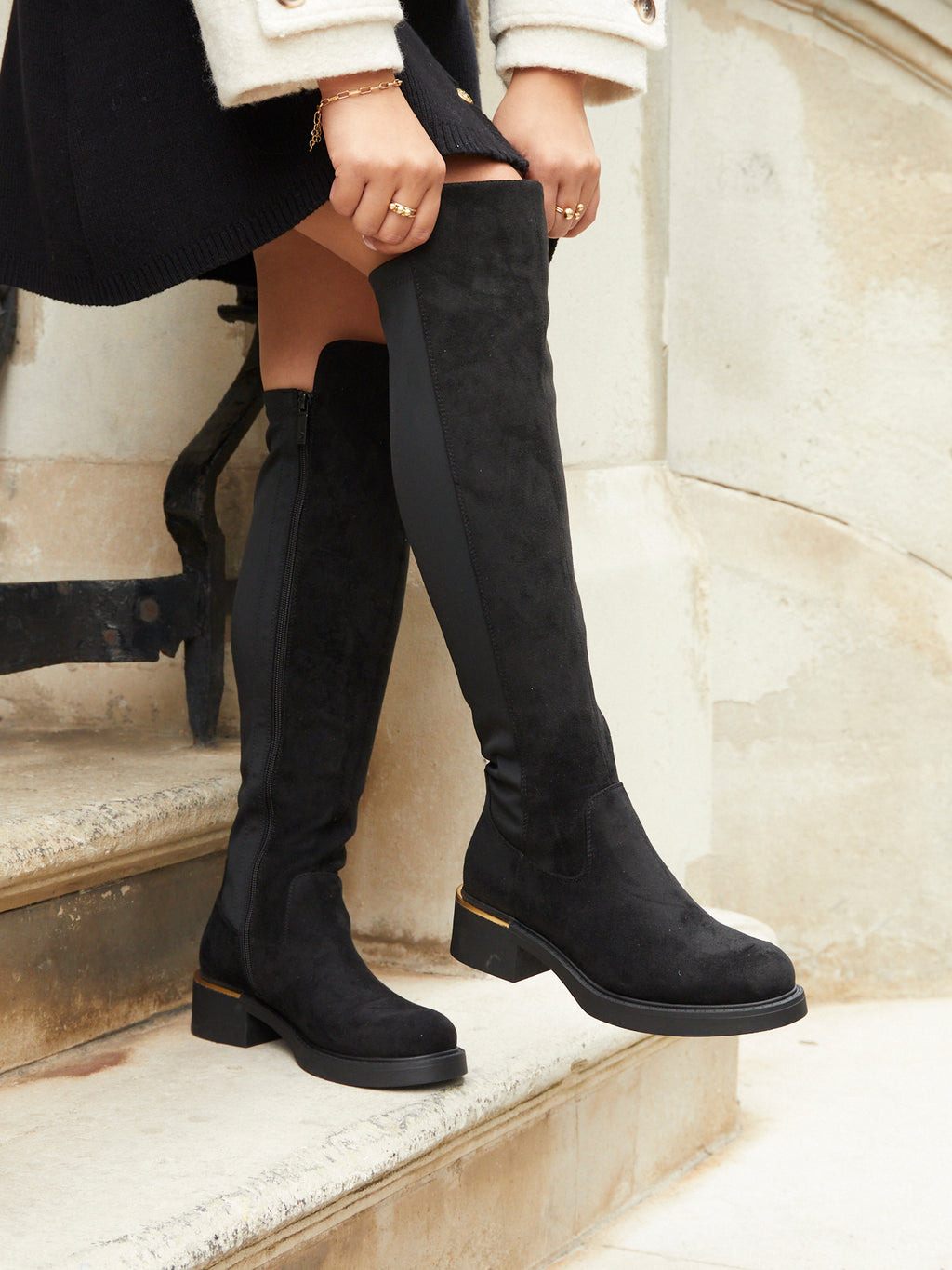 Black Faux Suede Knee High Classic Riding Boot With Gold Trim – Linzi