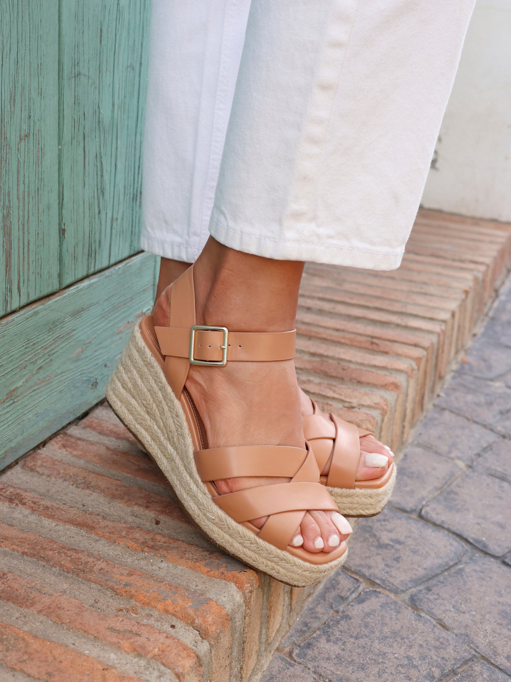 Tan Faux Leather Crossover Espadrille Platform Wedge – Linzi