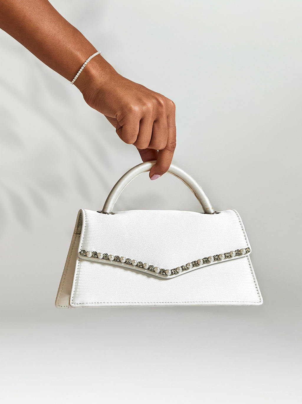 Pearl Embellished Clutch Bag With Top Handle – Linzi