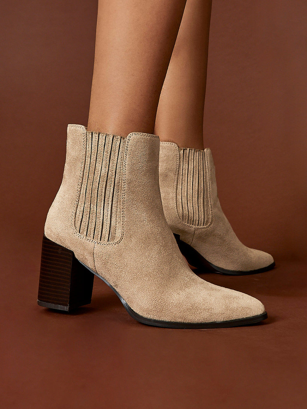 Taupe Suede Pointed Toe Stacked Blook Heeled Boot – Linzi
