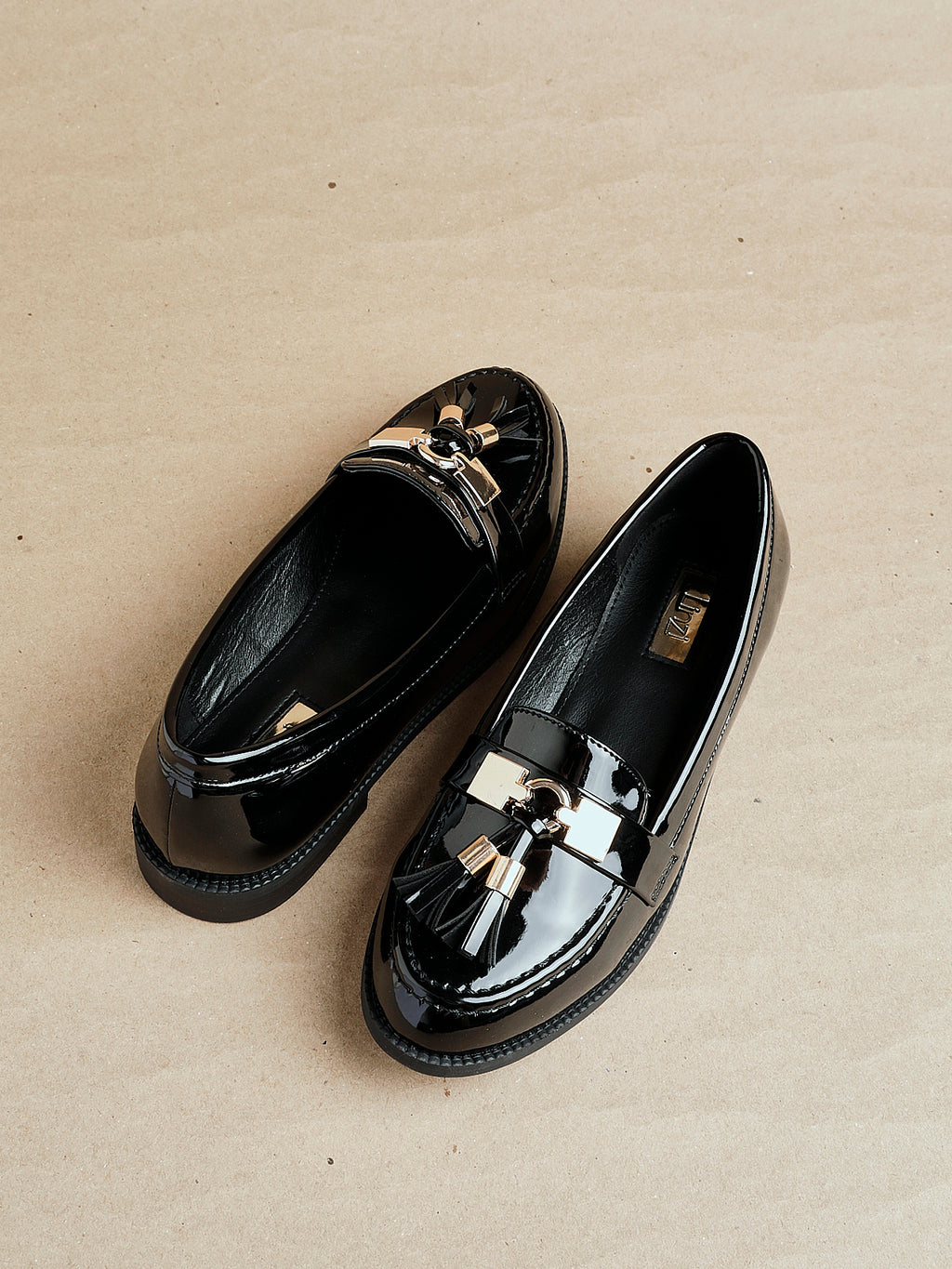 Black Patent Classic Loafer with Gold Bar & Tassel Detail – Linzi