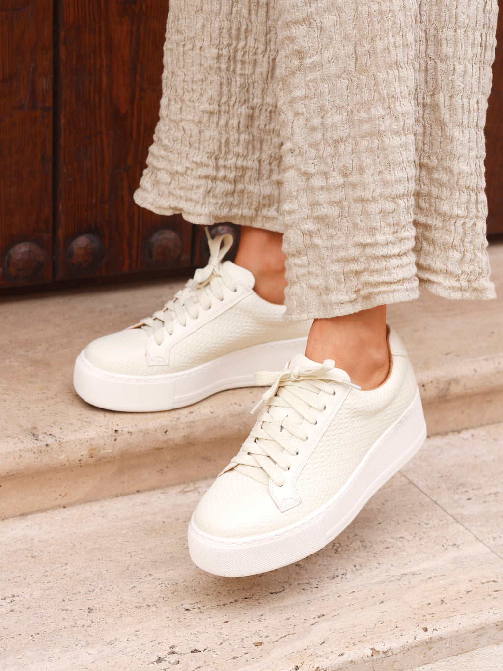 Cream Textured Faux Leather Platform Trainer – Linzi