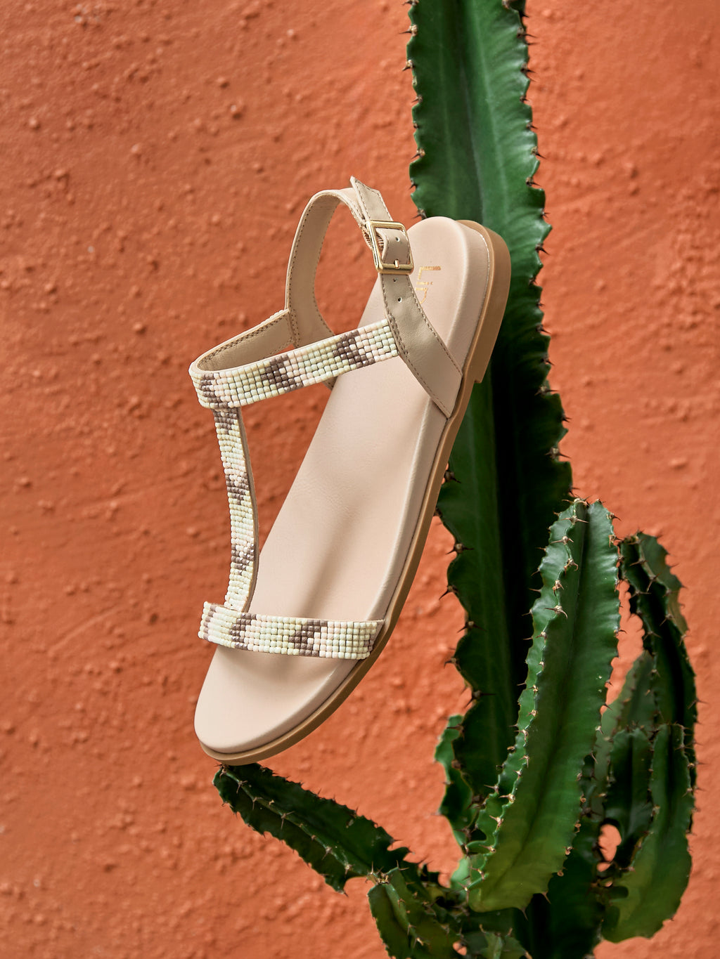 Taupe Faux Leather T-Bar Embellished Flat Sandals – Linzi