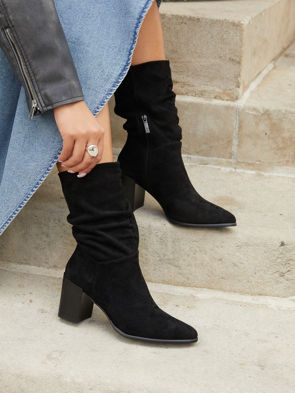 Black Suede Western Style Ruched Boot With Leather Stacked Heel – Linzi