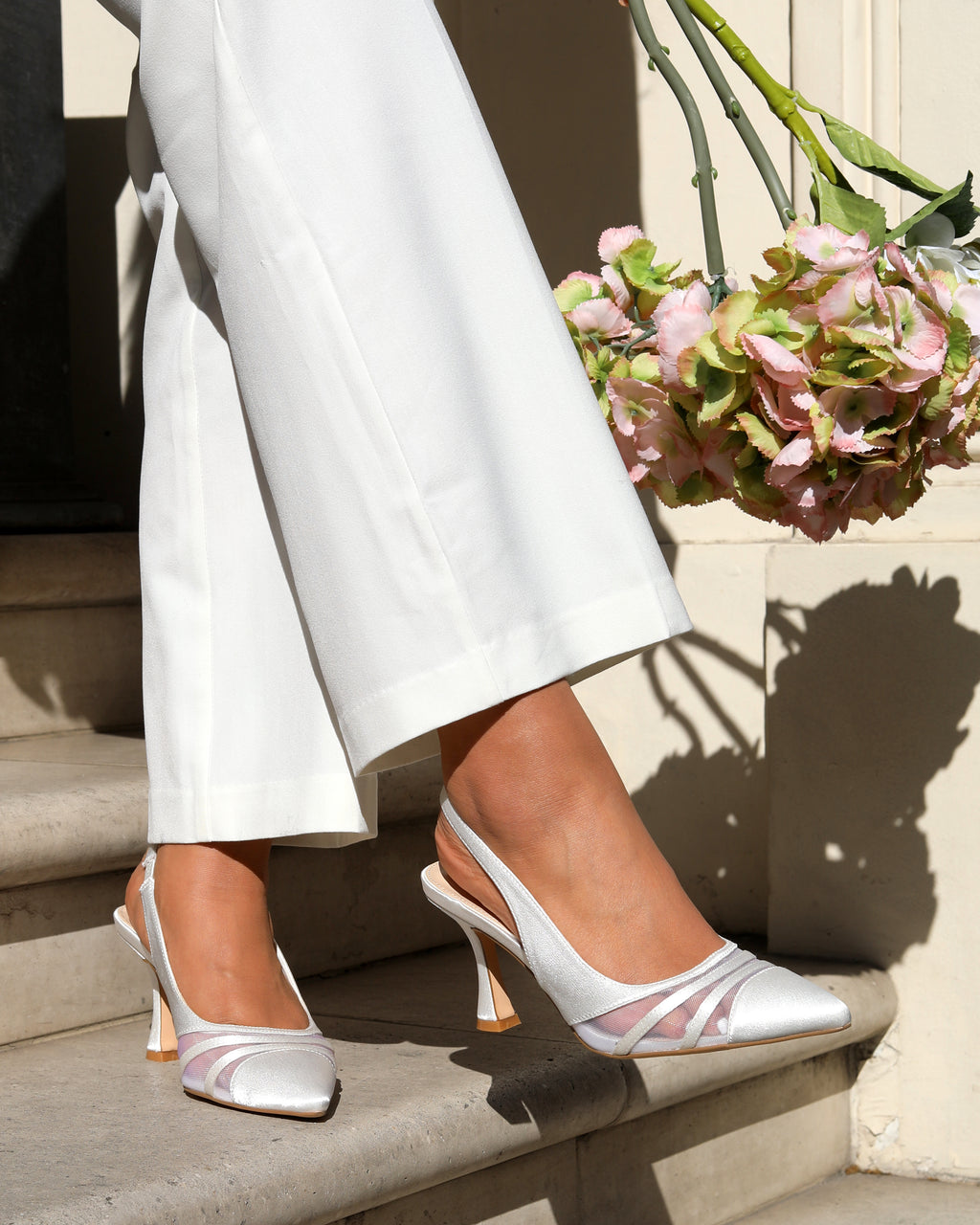 Ivory Satin Mesh Sling Back Court Heels – Linzi