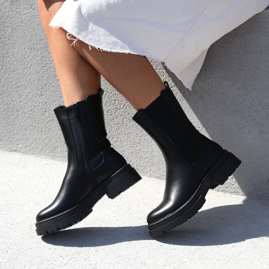 Black Faux Leather Mid Length Chelsea Boot With Chunky Sole – Linzi